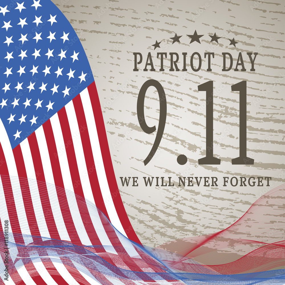 Vector poster of Patriot Day on the brown background with waves, flag ...