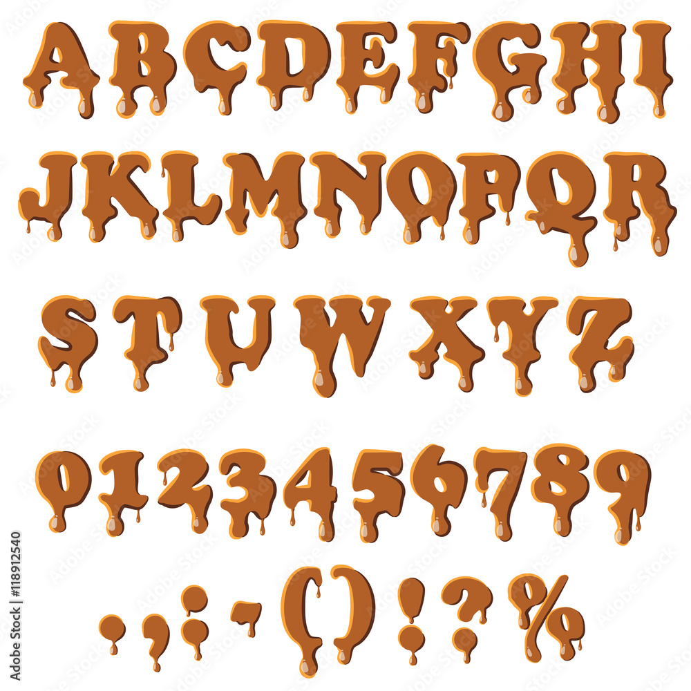 Caramel alphabet with numbers isolated on white background. English ...