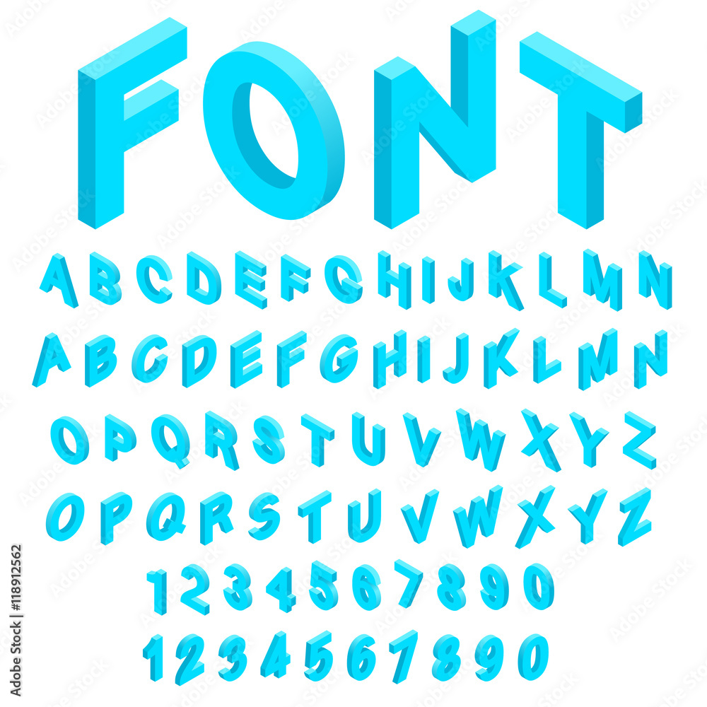 Alphabet with numbers icons set in isometric 3d style. English font set ...