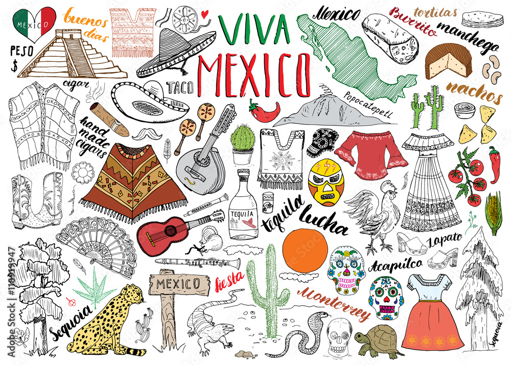 Mexico hand drawn sketch set vector illustration chalkboard Stock ...