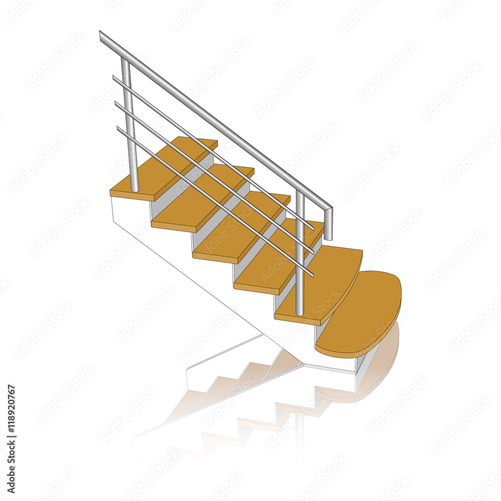 Stair with wooden steps. Ladder Sample 3d with chrome railing side view ...