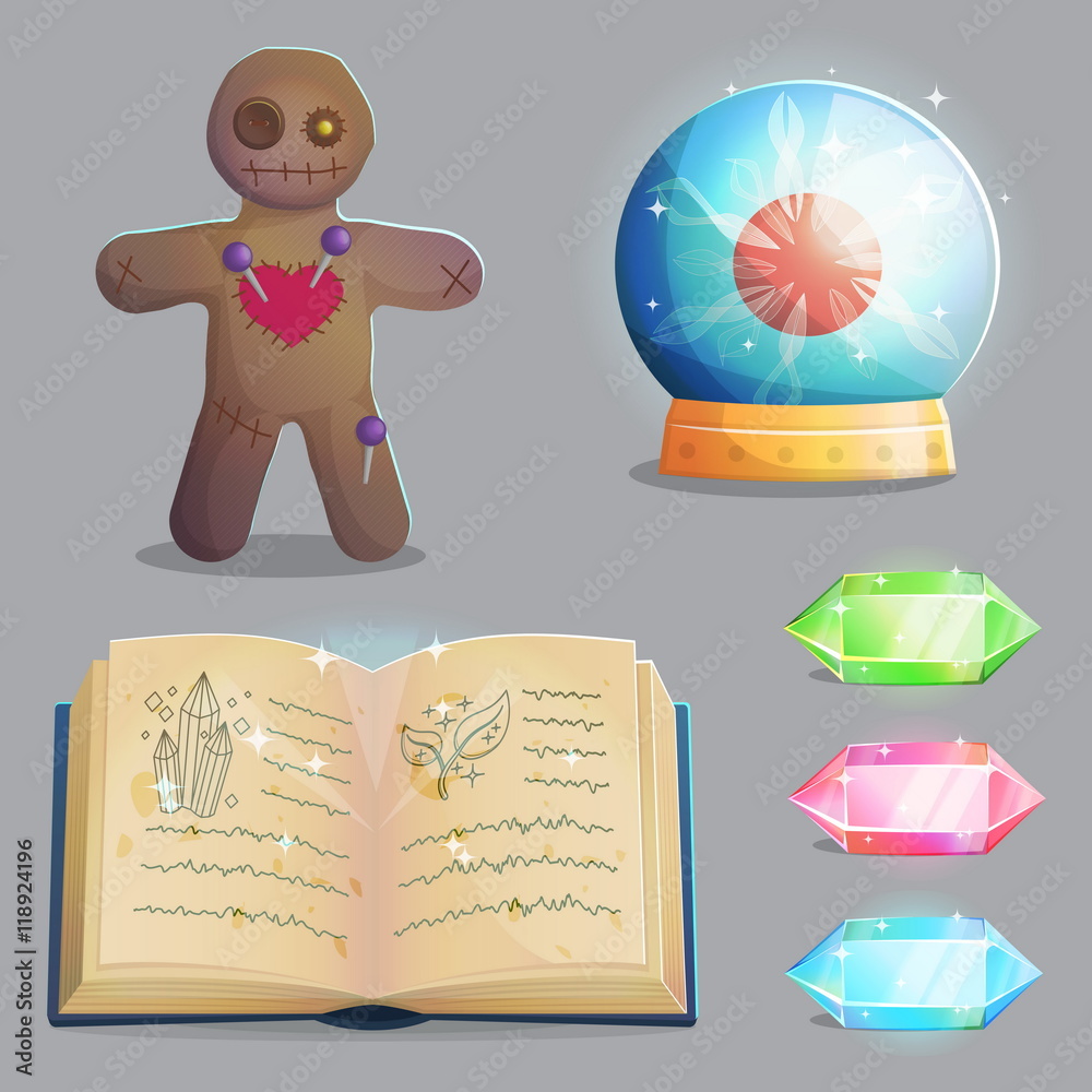 A collection of items for magic witch equipment set. Crystal gemstones ...