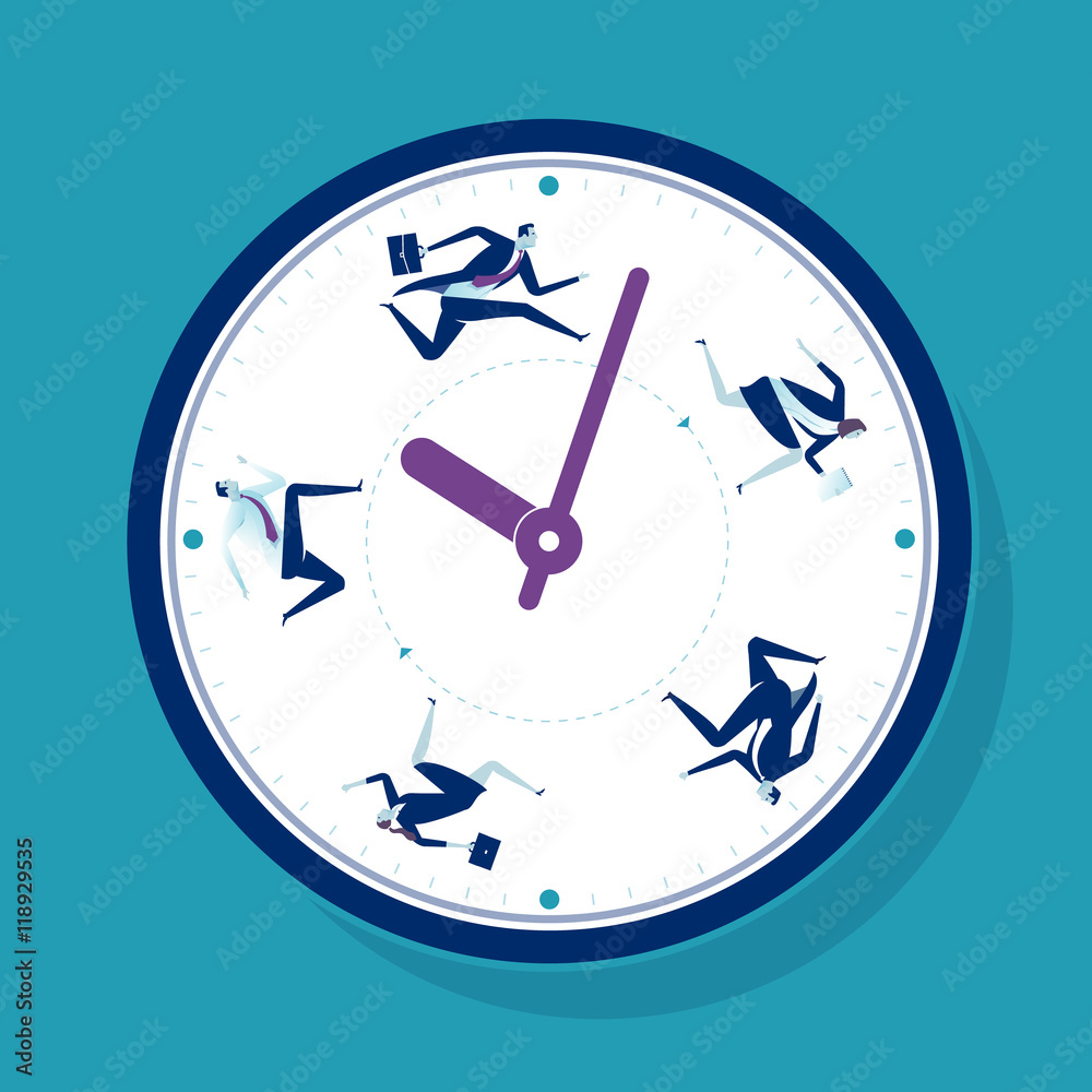 Time pressure. Business team is hurrying around a clock face. Business ...