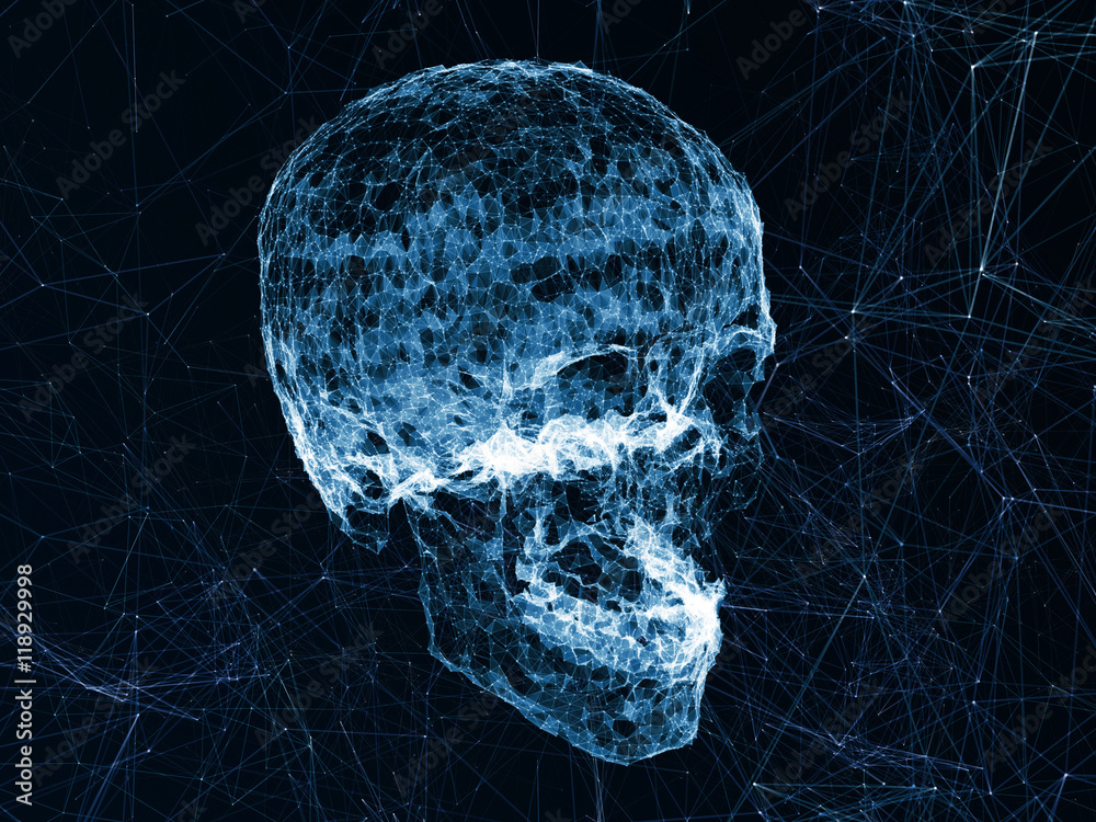 The cyber-skull. Triangulation of the technology of the skull. Render ...