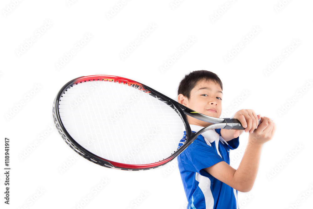 Little boy playing tennis racket and tennis ball in hand Stock Photo ...