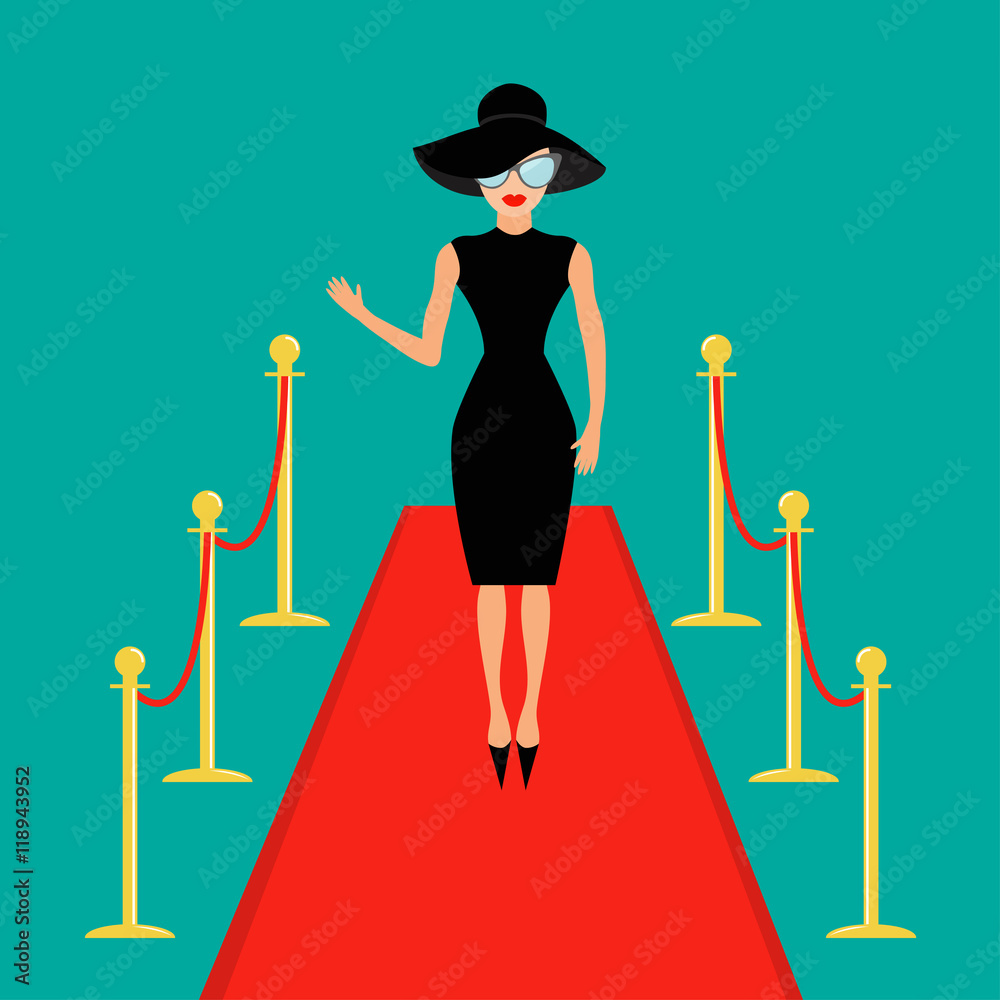 Red carpet and rope barrier golden stanchions turnstile Isolated Woman ...