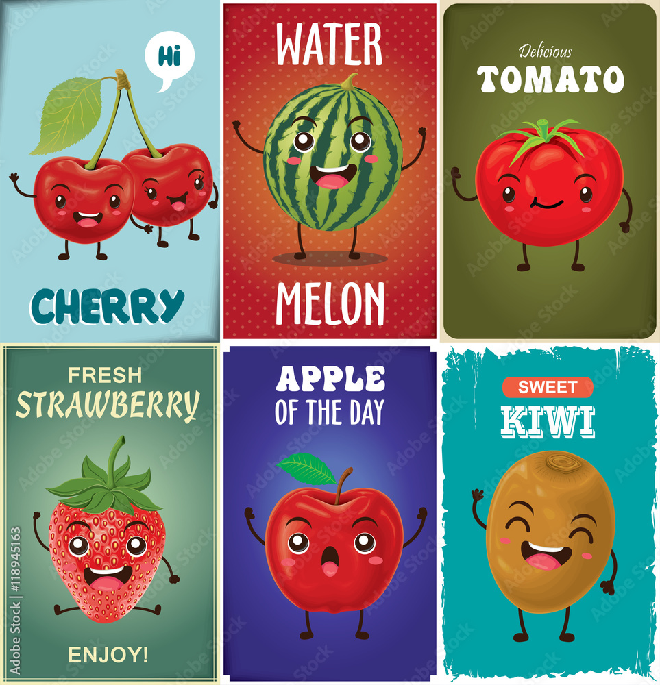 Vintage Fruit poster design set with fruit character. Stock Vector ...