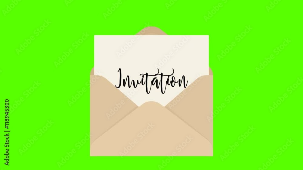 Pulling Invitation note card out of an envelope against white and green ...