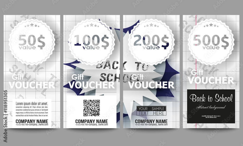 Set of modern gift voucher templates. Back to school background with ...