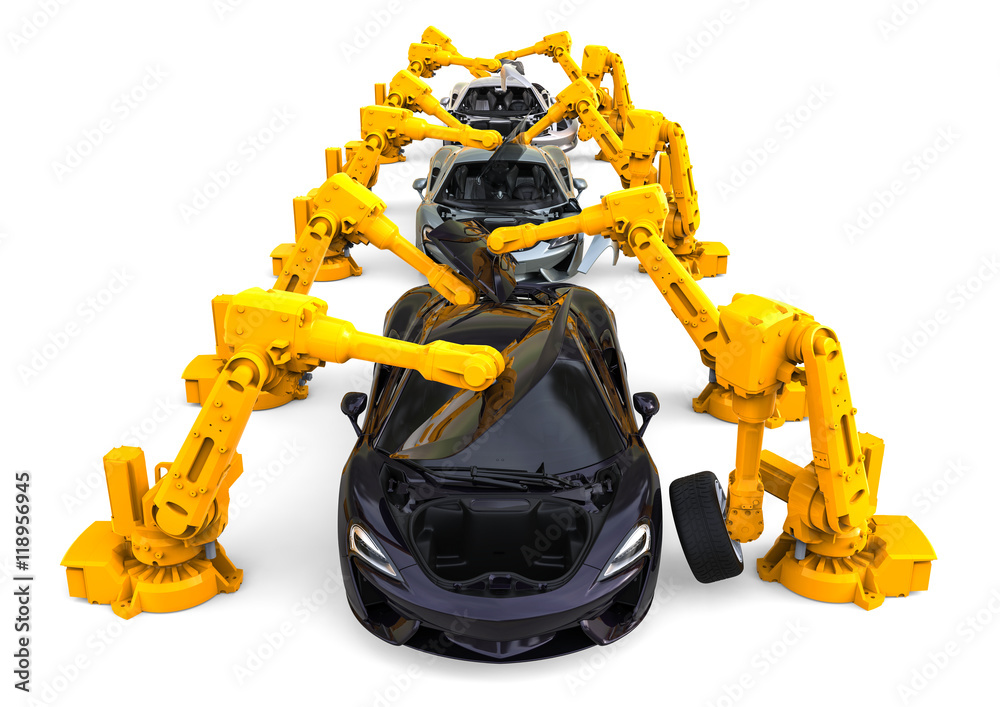 Car assembly line / 3D render image representing a front view of a car ...