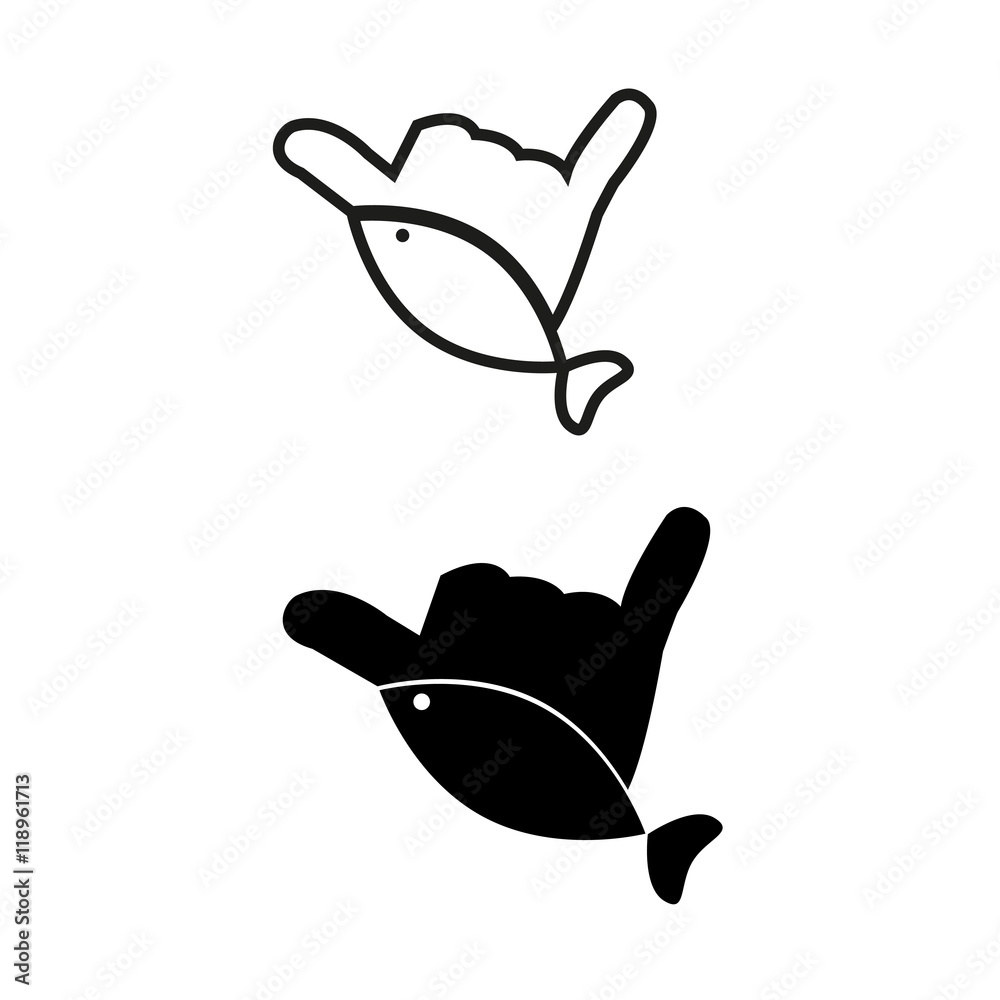 Outline fish in hand logo. Shaka and fish vector illustration. Stock ...