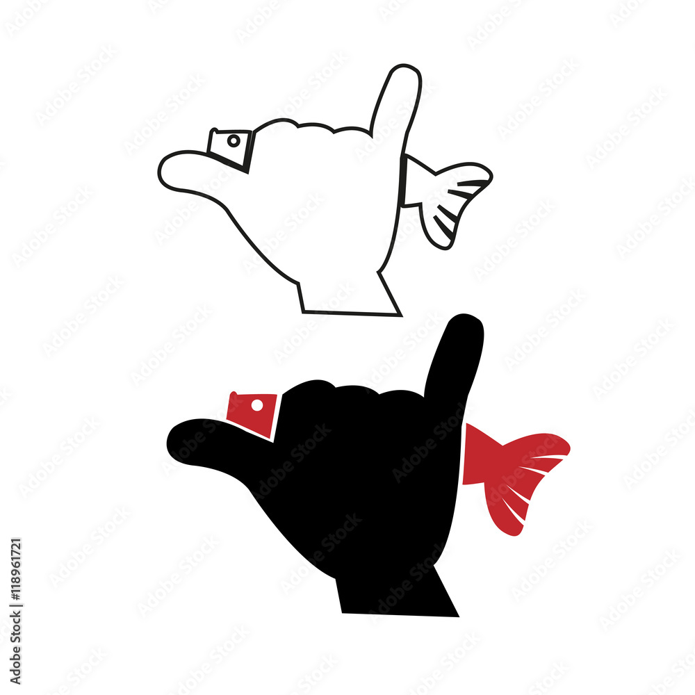 Outline fish in hand logo. Shaka and fish vector illustration. Stock ...