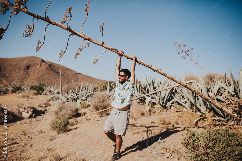 Smiling man hanging on tree Stock Photo | Adobe Stock