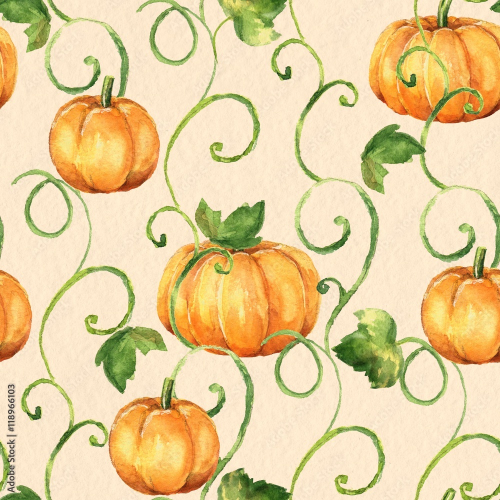 Pumpkins. Seamless watercolor pattern. Background with old paper ...