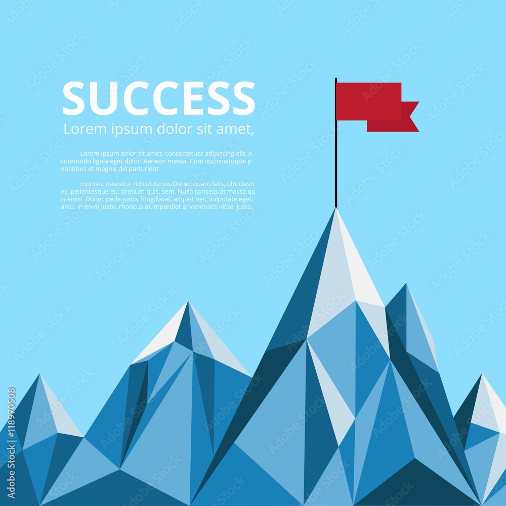Achievement banner. Flag on top of mountain. Successful concept ...