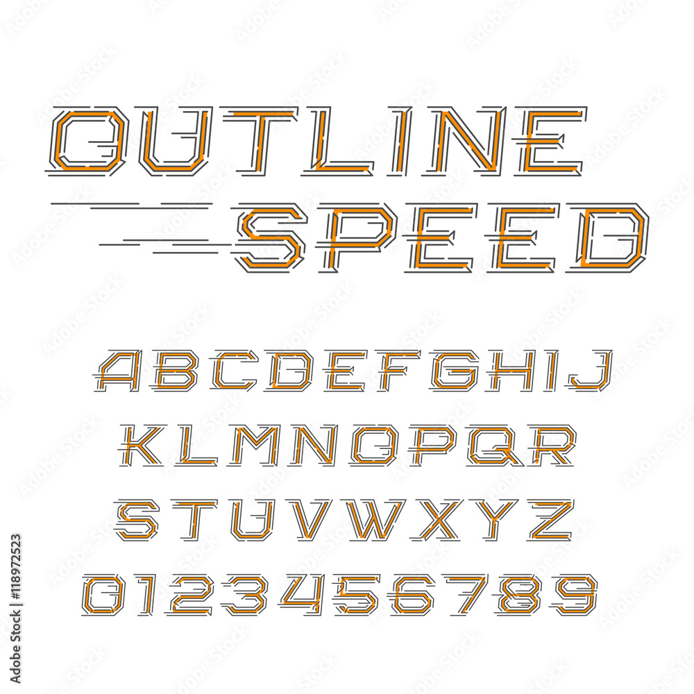 Outline speed alphabet font. Oblique letters and numbers in line style ...