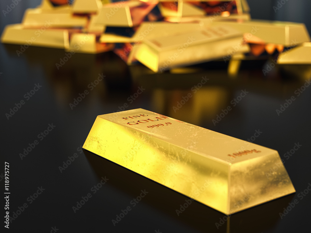 Single gold bar with selective focus. Many golden bricks on blurred ...
