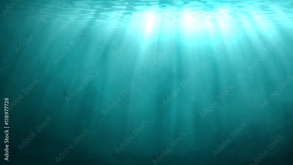 Underwater background with rays of sunlight shining down through the ...