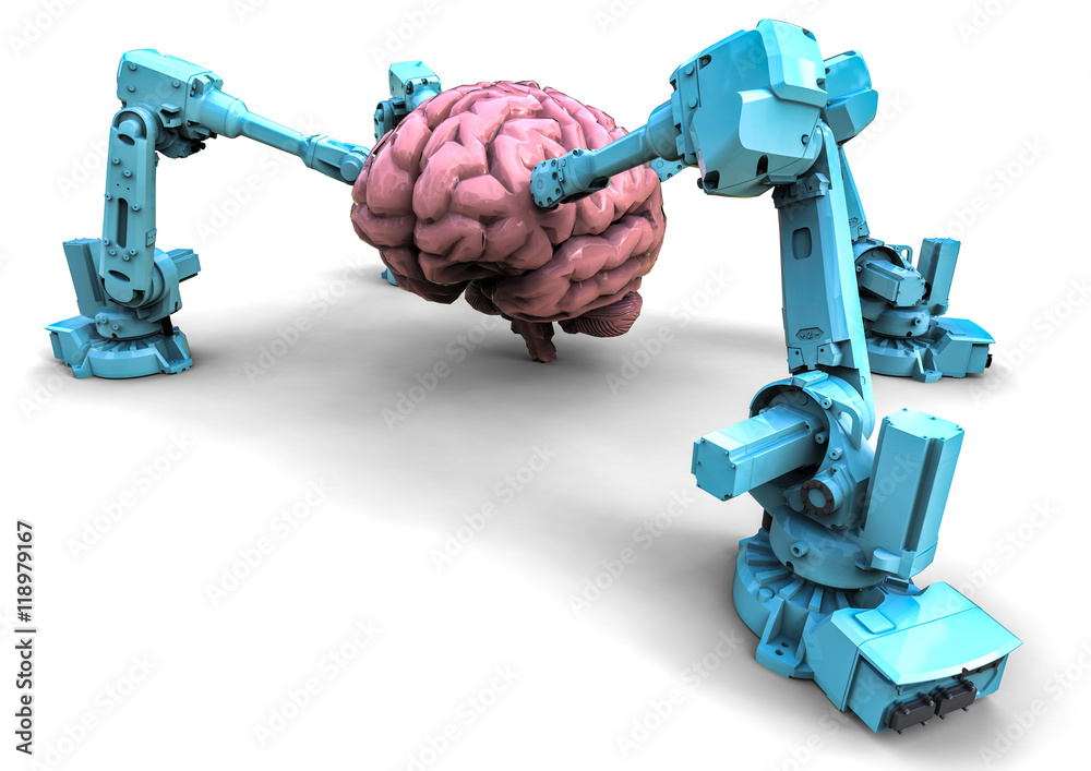 Artificial intelligence / 3D render image of 4 robots holding an human ...