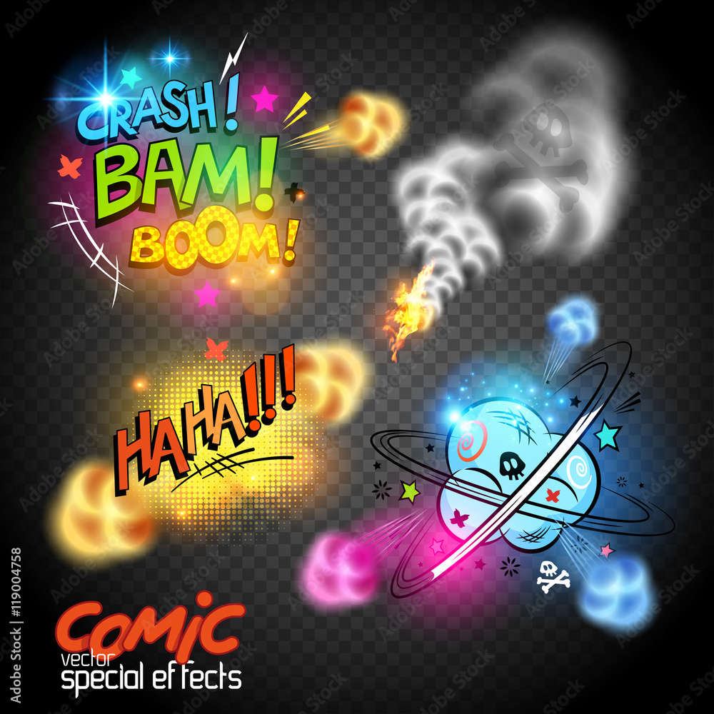 Glowing retro comic book symbols and expressions, vector illustration ...