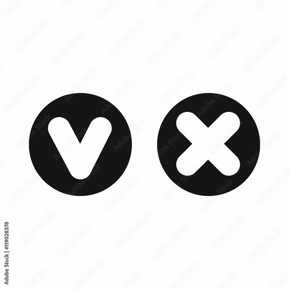 Fat tick and cross in circles icon in simple style isolated on white ...