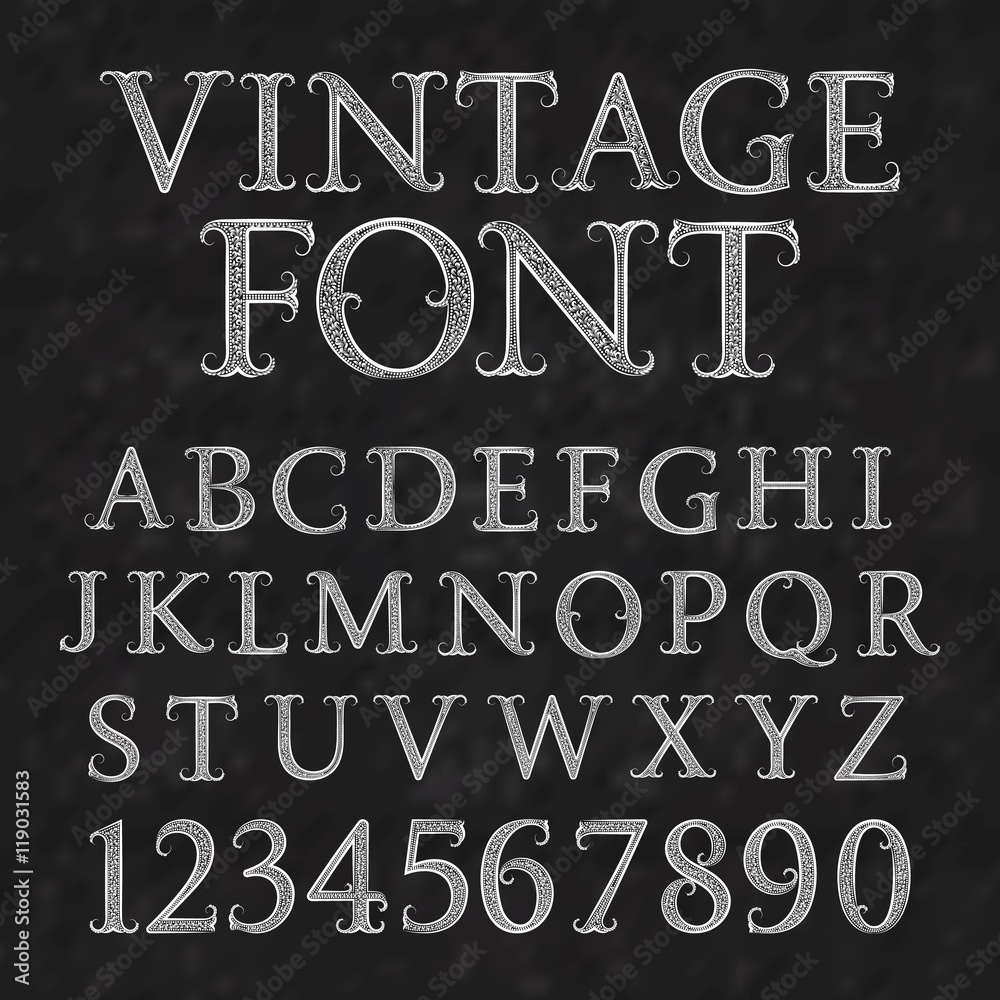 Vintage patterned letters and numbers. Font in floral baroque style ...