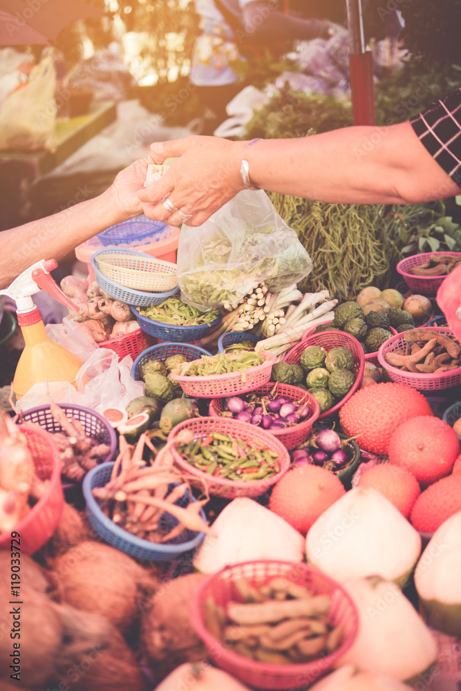 Thai exotic food in street food market with vegetable and fruit. Like ...