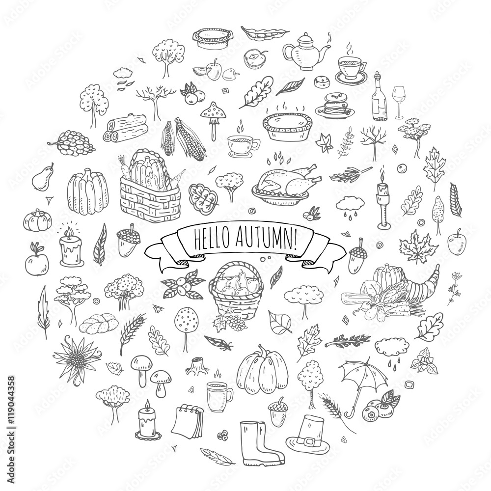 Hand drawn doodle Autumn icons set. Vector illustration. Fall symbols ...