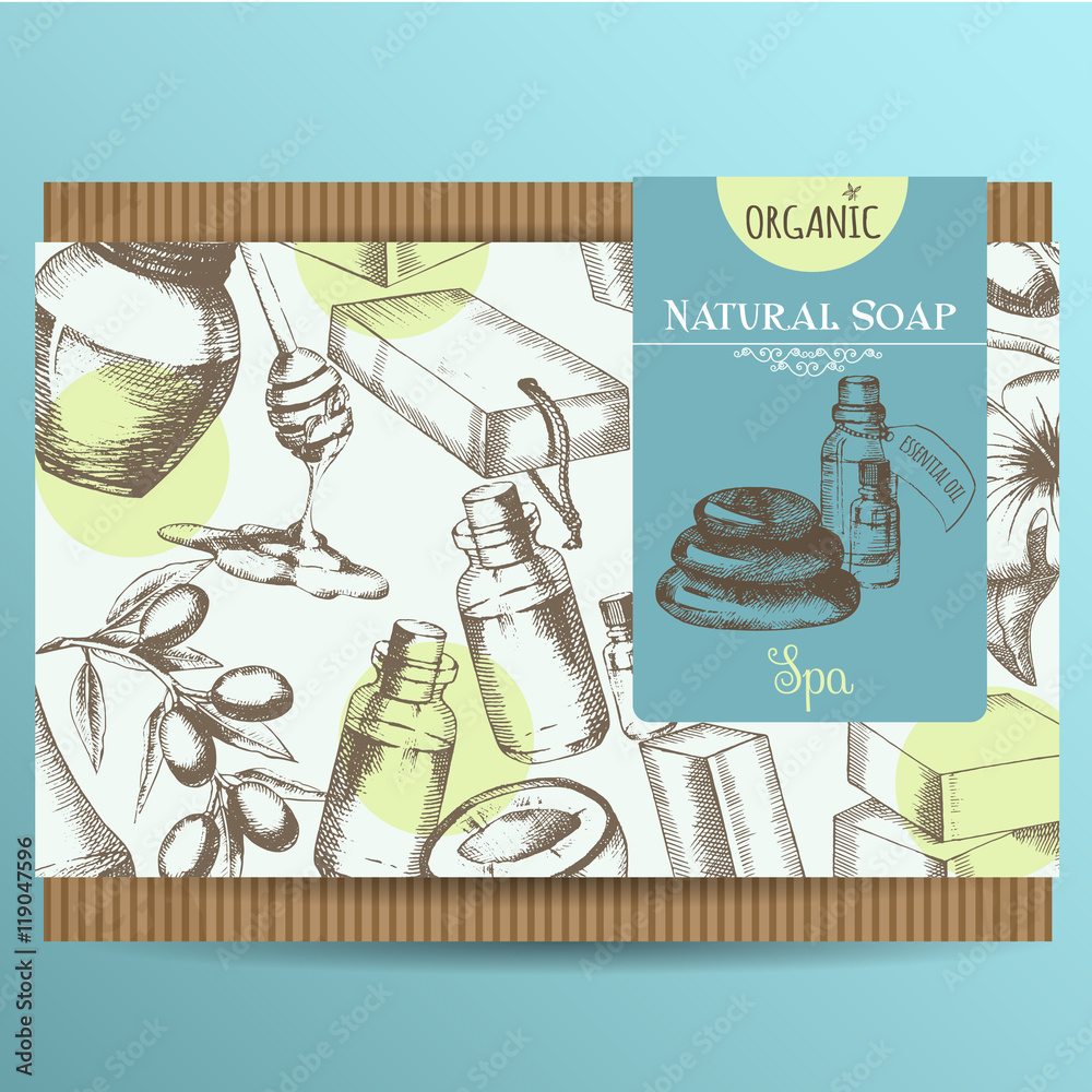 Packaging of natural soap Spa. Background with ingredients for organic ...