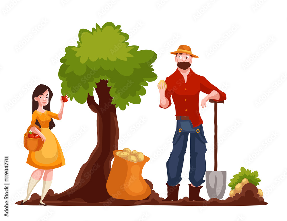 Man harvesting potato and woman picking apples, cartoon style vector ...