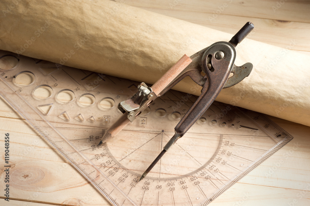 Still life photography : old geometry compass with geometry ruler and ...