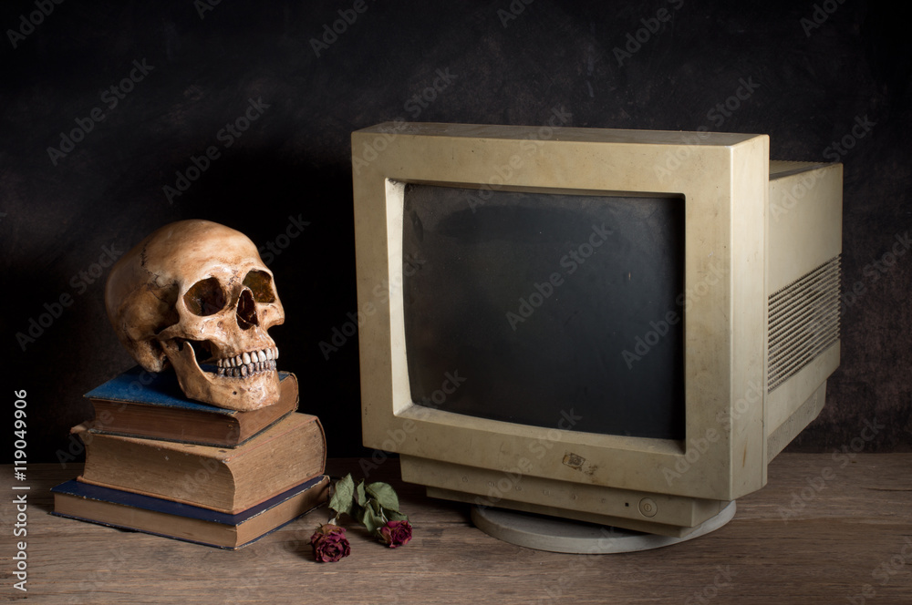 Still life photography : human skull with old computer monitor, old ...