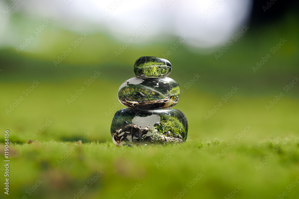 Transparent stones on a green moss. Concept - peace of mind ...