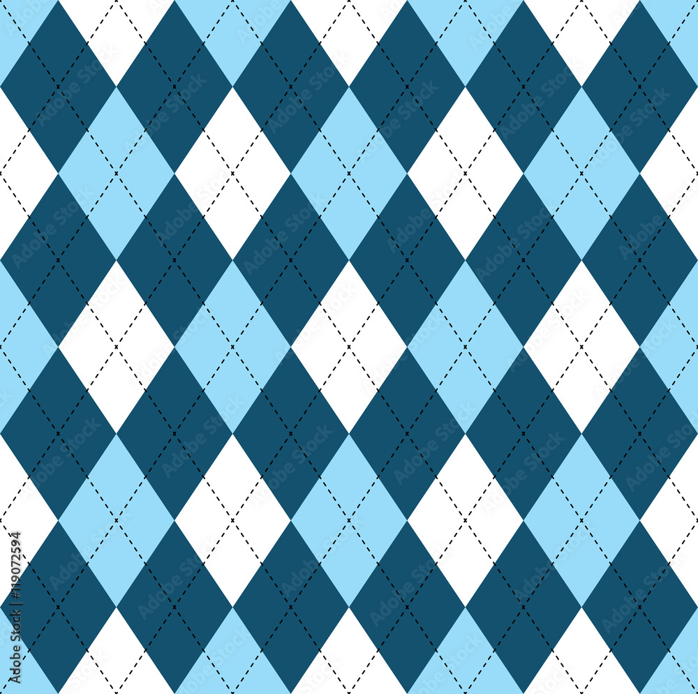 Seamless argyle pattern in dark blue, soft blue & white with black stitch. Stock Vector | Adobe ...
