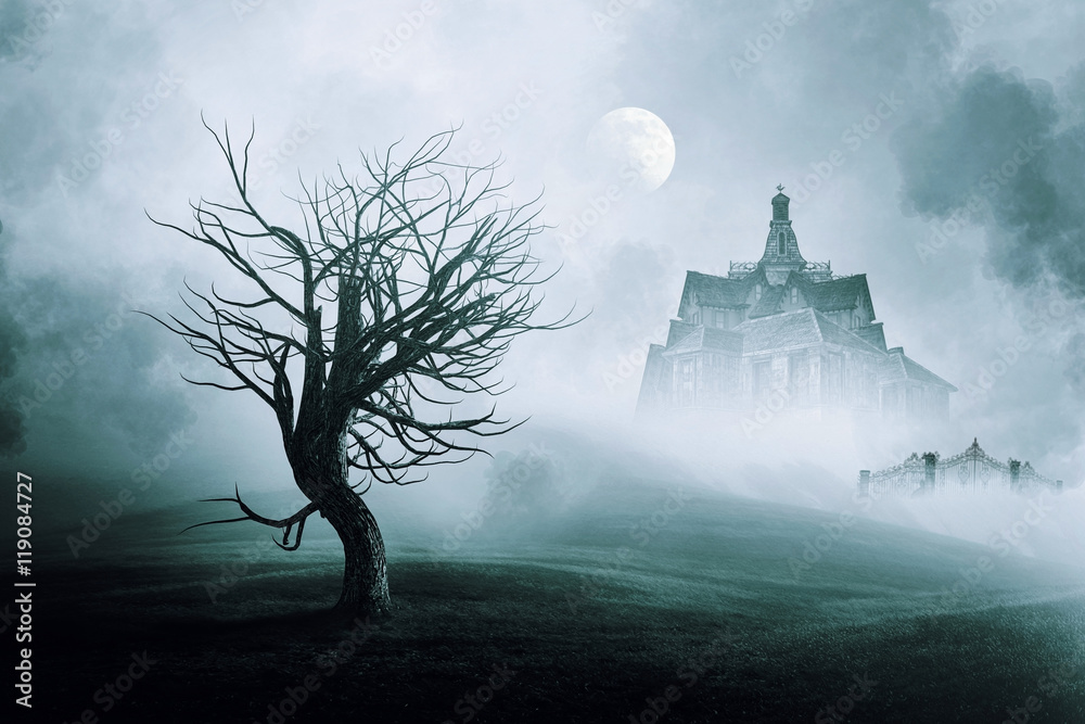 Haunted house with full moon . Stock Photo | Adobe Stock