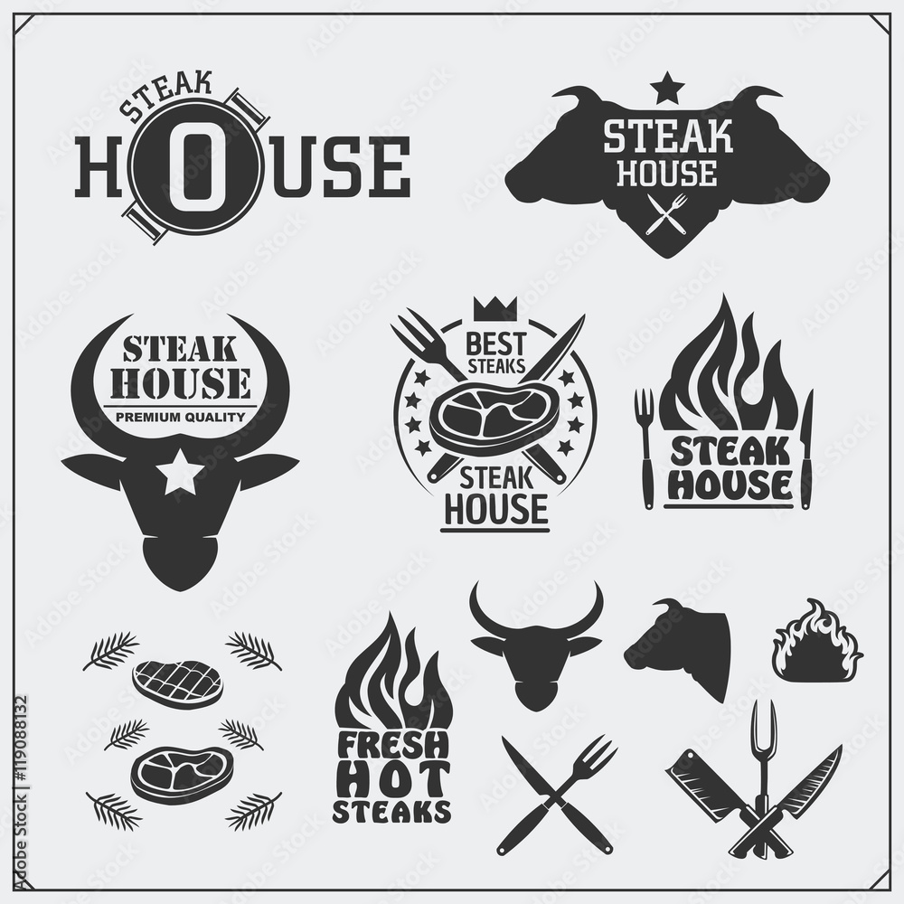BBQ Collection. Set of vintage grill steak labels, badges and emblems ...