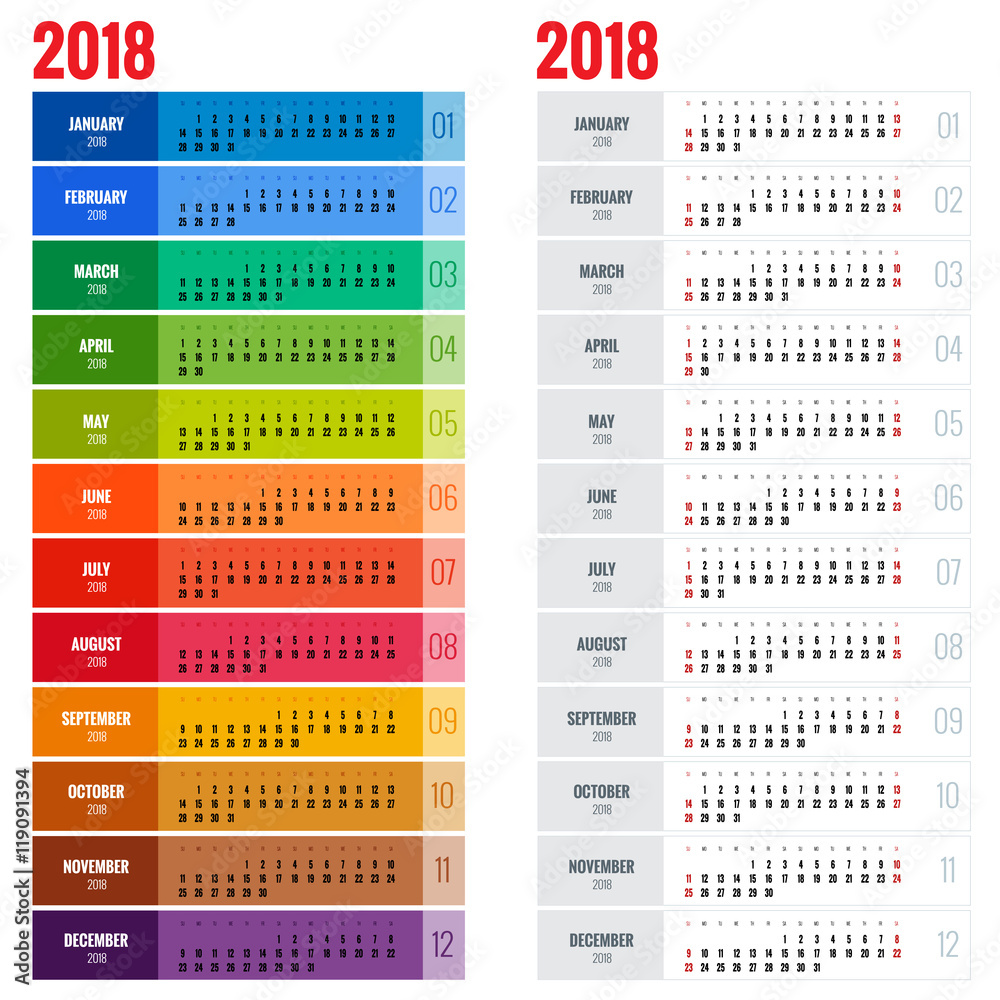 Yearly Wall Calendar Planner Template for 2018 Year. Vector Design ...