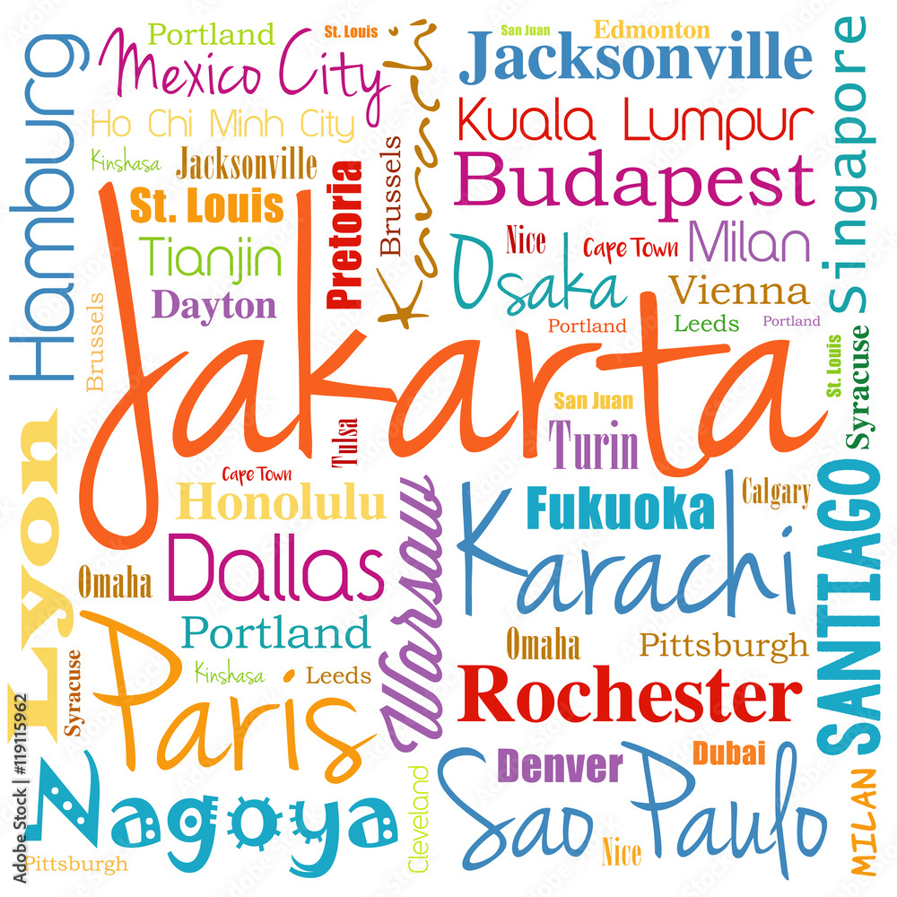 Cities in the world, word cloud collage, travel destinations concept ...