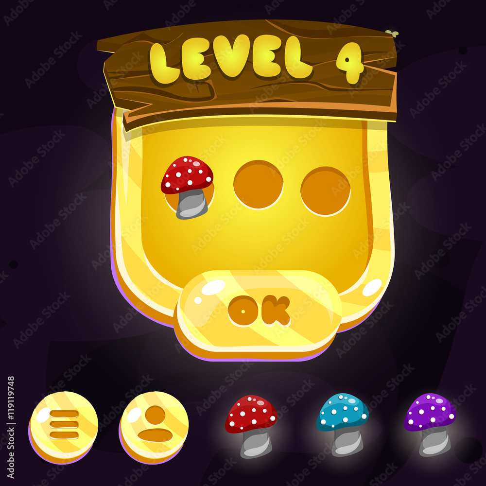 Cartoon fairy forest game ui. Level window and mushrooms. Stock Vector ...