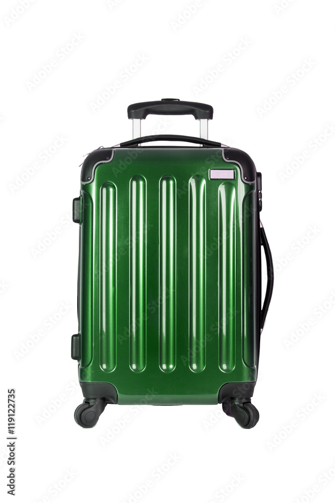 Maleta de viaje rígida verde sobre fondo blanco aislado. Vista de ...