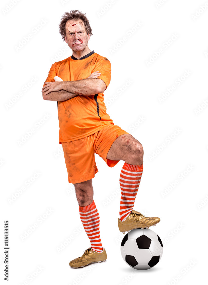 angry football player posing with ball isolated on white background ...