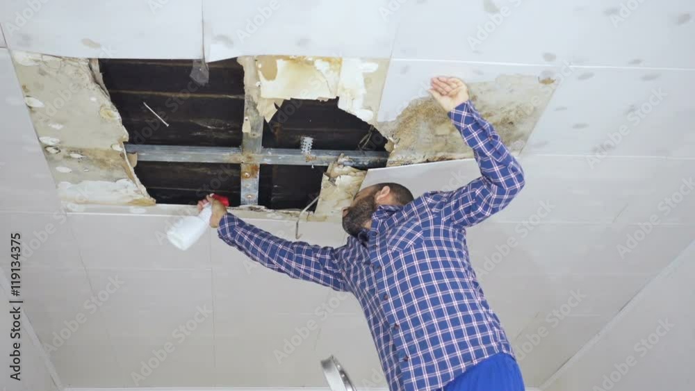 man cleaning mold on ceiling.Ceiling panels damaged huge hole in roof ...