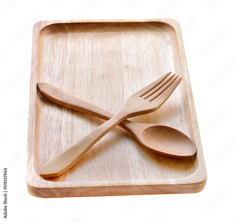 Wooden plate with Fork and spoon isolated on white background Stock ...