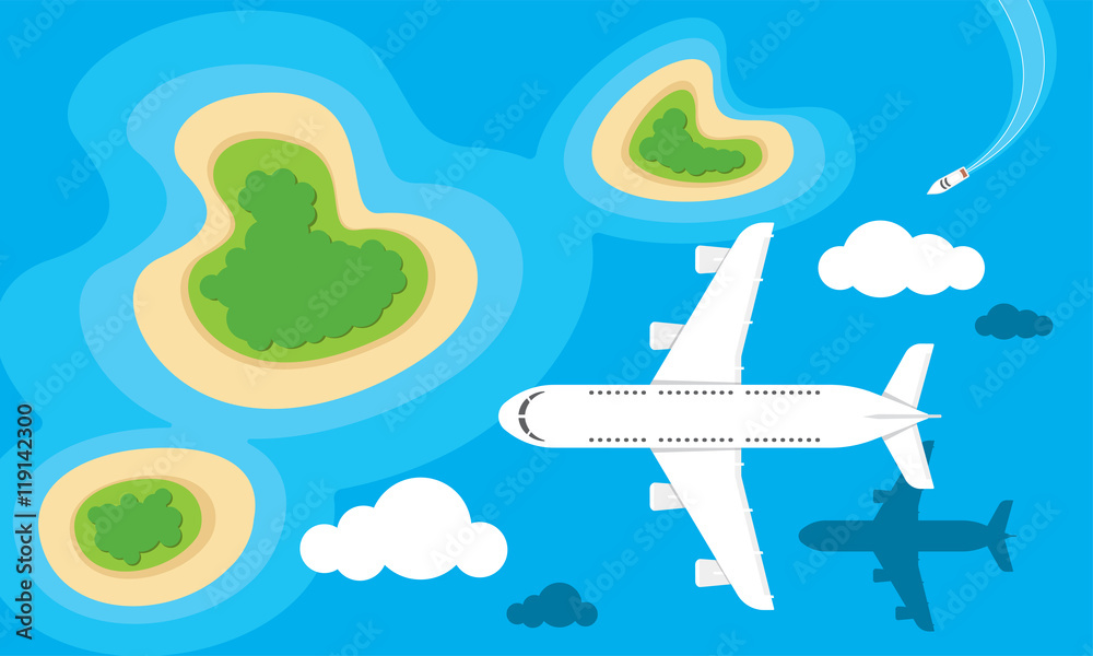 Plane flying over tropical islands Stock Vector | Adobe Stock