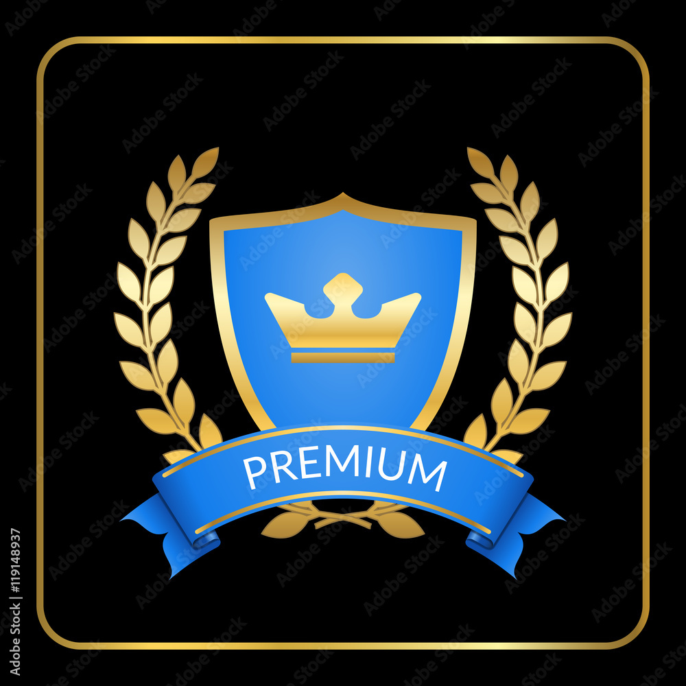 Laurel wreath gold icon with shield, crown, scroll ribbon. Golden and ...