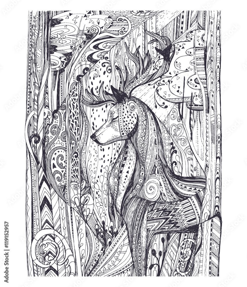 Pattern for adult, children coloring book page with magic ethnic deer ...