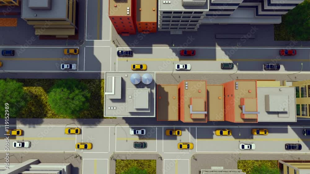 Street traffic of big abstract cartoon city in a time lapse. Straight ...