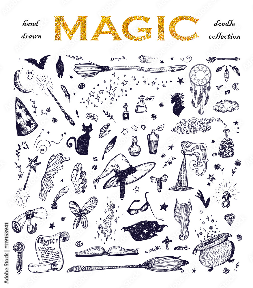 Cartoon doodle magic set, black ink sketch: wizard hat, fairy book ...