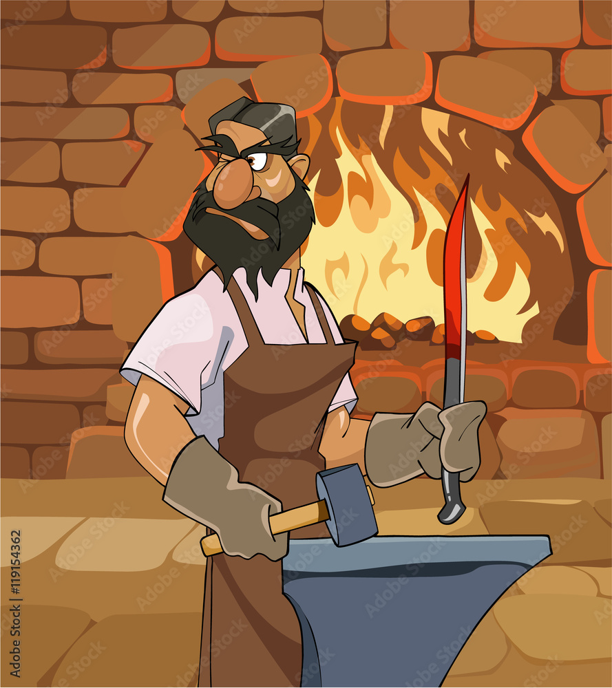 cartoon male blacksmith forges a sword and menacingly looks back Stock ...