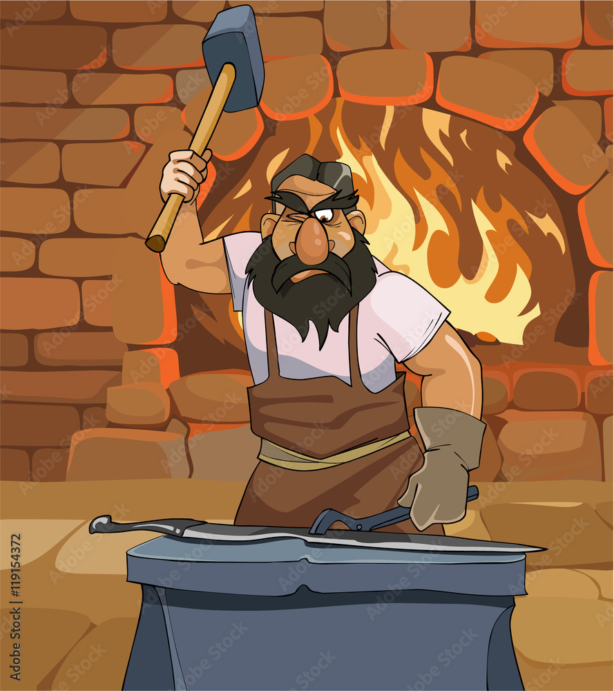 cartoon male blacksmith forges a sword in the smithy Stock Vector ...